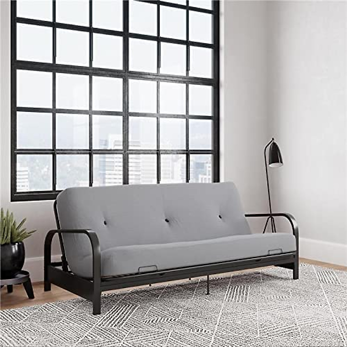 DHP Brax Black Metal Arm Full Size Frame with 6” Thermobonded High Density Polyester Fill Futon Mattress, Herringbone