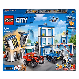 LEGO 60246 City Police Station Building Set with 2 Truck Toys, Light & Sound Bricks, Drone and Motorbike