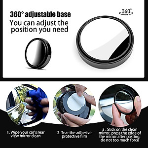 Yumfugu 2 PCS Car Reversing Auxiliary Blind Spot Mirror, 360° Rotating Push-type Hgh-definition Crystal Glass Rear View Small Round Mirror, Expand Vision Frameless Accessory, for Most Models (Black)