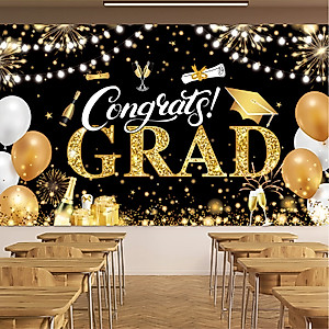 Aaskuu Graduation Banner 2024 Black and Gold - 72.8x43.3 Inch, Congrats Grad Banner for Graduation Party Decorations, Large Congratulations Banner Class of 2024 Graduation Backdrop