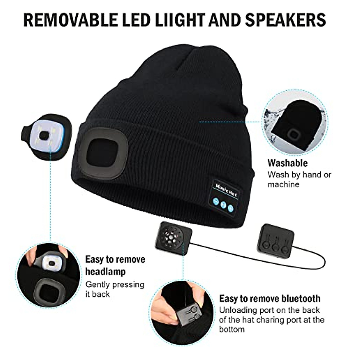 Bluetooth Beanie Hat with Light, Unique Tech Gifts for Men Husband Him Teen, Wireless Headphones for Fishing Jogging Working, Christmas Stocking Stuffers Blue
