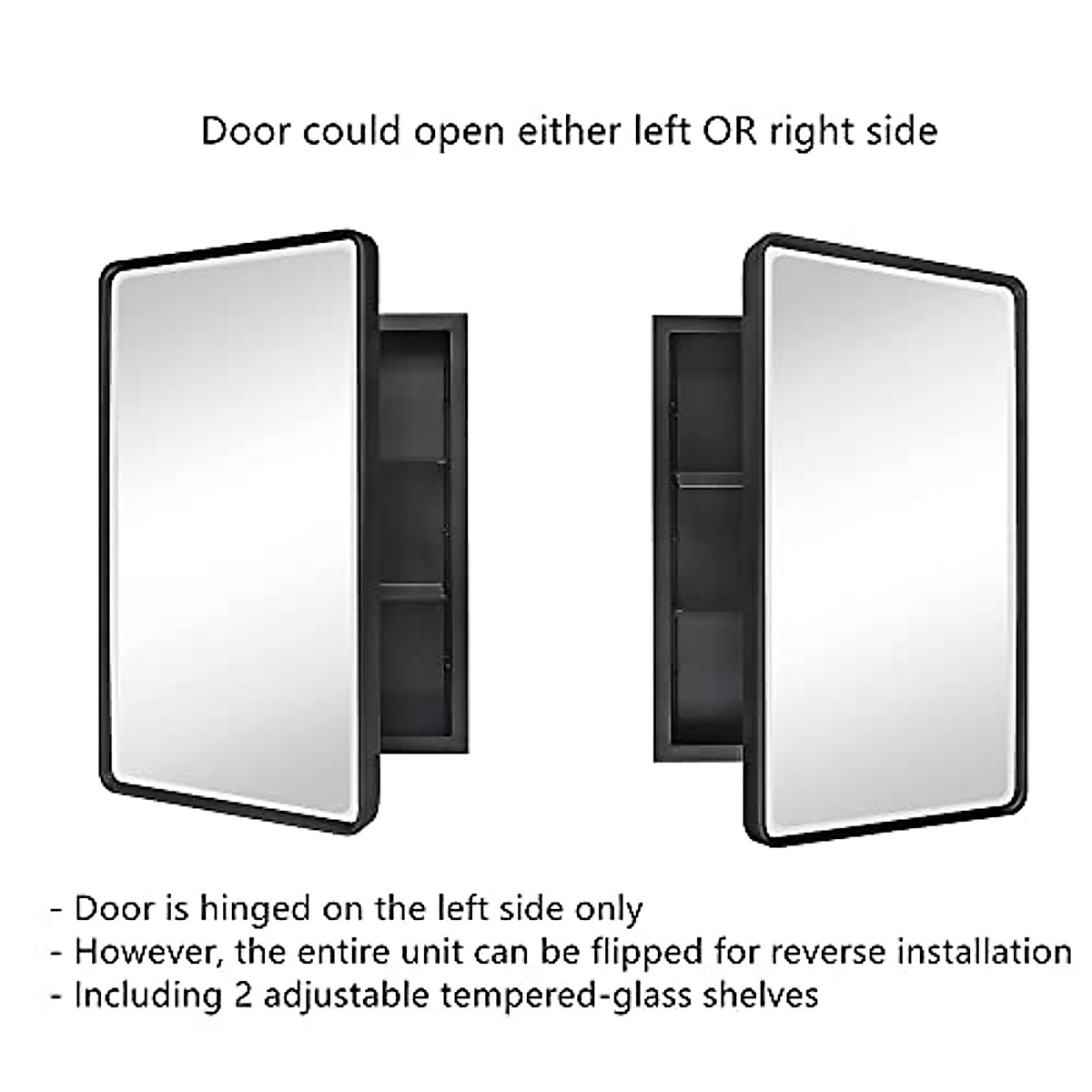 TEHOME Farmhouse Black Metal Framed Recessed Bathroom Medicine Cabinet with Mirror Rounded Rectangle Tilting Beveled Vanity Mirros for Wall 16x24 inch