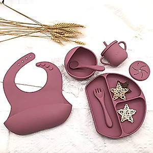 K-Universal Baby Feeding Bibs | 8pc Silicone for Babies Bib Bowl Plate Cup Fork Spoon Adjustable Divided Easily Wipe Clean Less Cleaning Time After Toddler & (Playful pink), One Size