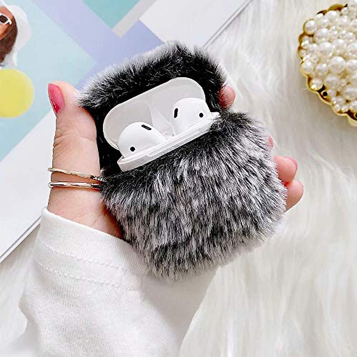 Case for Airpods 1 Case Airpods 2 Fluffy Case Faux Rabbit Fur Cover Plush Furry Fashion Cute PC Protective Case Shockproof Cover for Airpods 1st & 2nd Gen with Carabiner,Grey