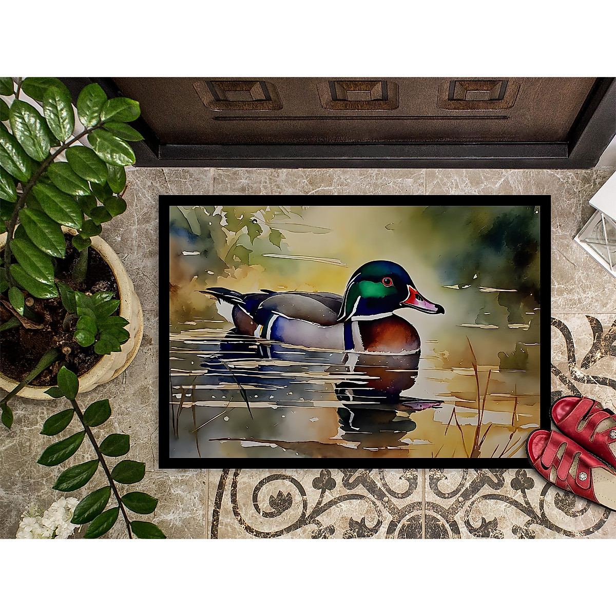 Caroline's Treasures DAC3281MAT Wood Duck Doormat Front Door Mat Indoor Outdoor Rugs for Entryway, Non Slip Washable Low Pile, 18H X 27W