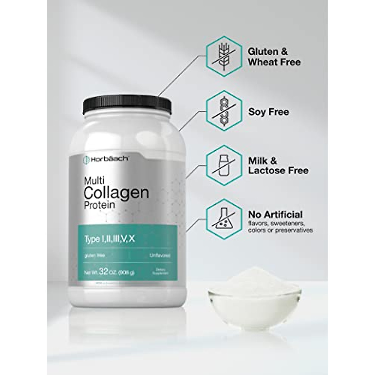 Multi Collagen Protein Powder 32 oz | Type I, II, III, V, X | Hydrolyzed Collagen Peptides | Keto & Paleo Friendly | Unflavored & Gluten Free | by Horbaach