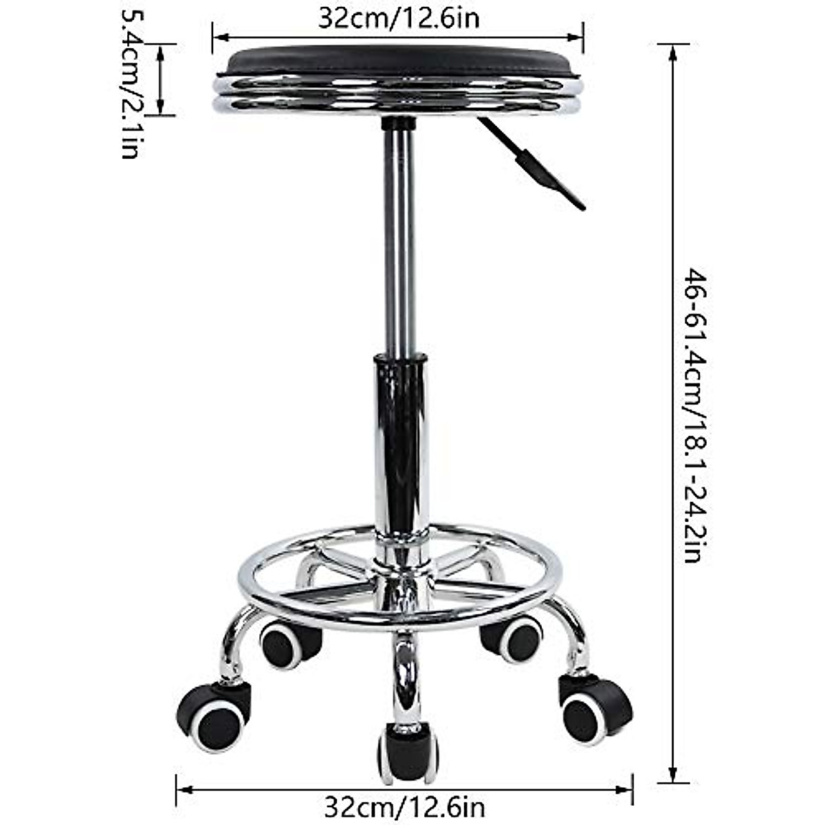 KKTONER Round Rolling Stool with Foot Rest PU Leather Height Adjustment Modern Industrial Metal Style Swivel Spa Salon Tattoo Work Massage Stools Small (Black)