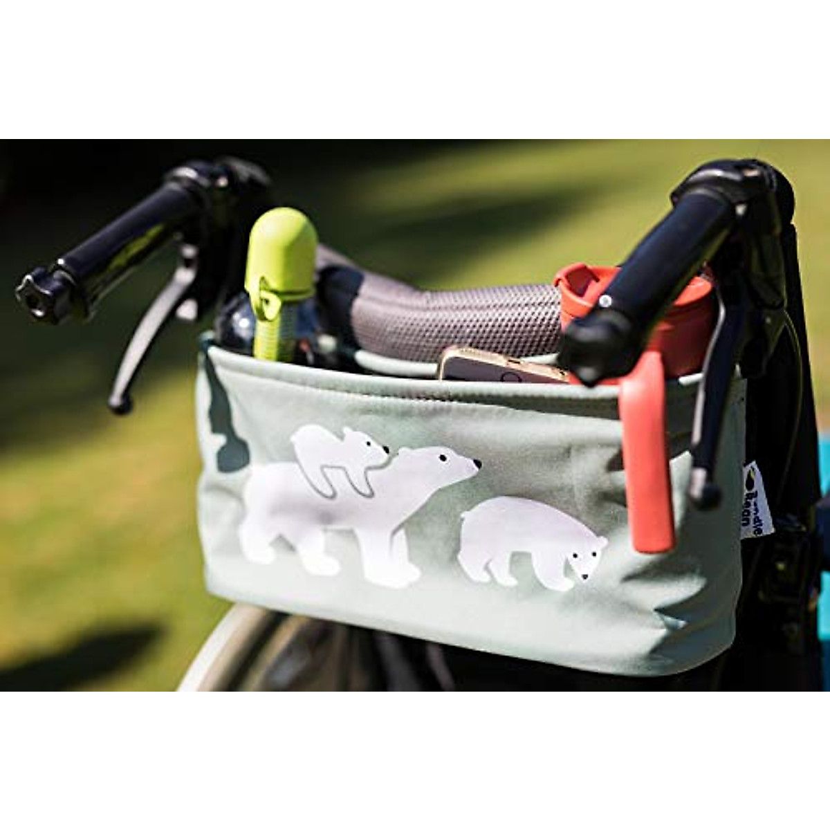 Wheelchair Organizer - Fits Handles of Any Wheelchair, Special Needs Buggy, Rollator or Mobility Scooter – Wheelchair Cup Holder – Cell Phone Pocket - Lots of Storage (Gray-Green Polar Bear)