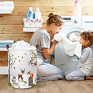 Clastyle 45L Woodland Animals Laundry Basket Collapsible Waterproof Forest Fox Storage Basket with Handle Kids Room Jungle Deer Laundry Hamper with Drawstring, 14 * 17.7 in