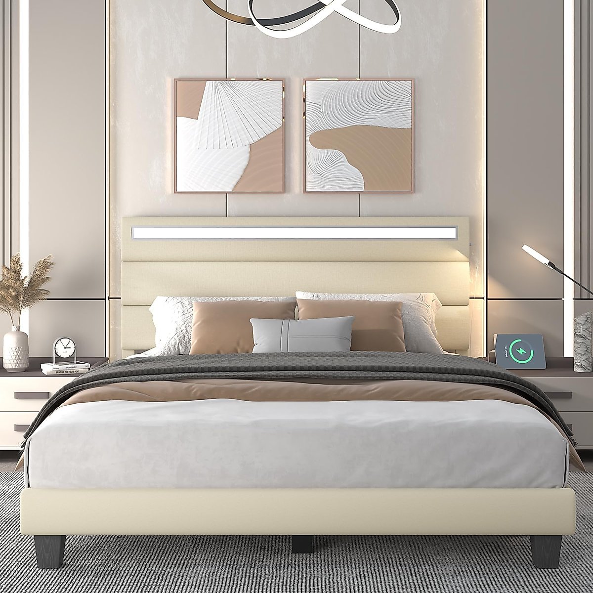 Kallabe King Size Bed Frame with LED Lights, Upholstered Bed Frame with Charging Station and Linen Fabric Tufted Headboard, Wood Slats Support, Noise-Free, Easy Assembly, No Box Spring Needed, Beige