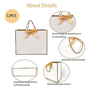 TKSBAG 12PCS Gift Bags with Handles, 12.5 x 9.8 x 4.3 Gift Bags Large, White Gold Thank You Bags with Bow Ribbon for Wedding, Birthday, bridesmaid, Groomsmen, Christmas