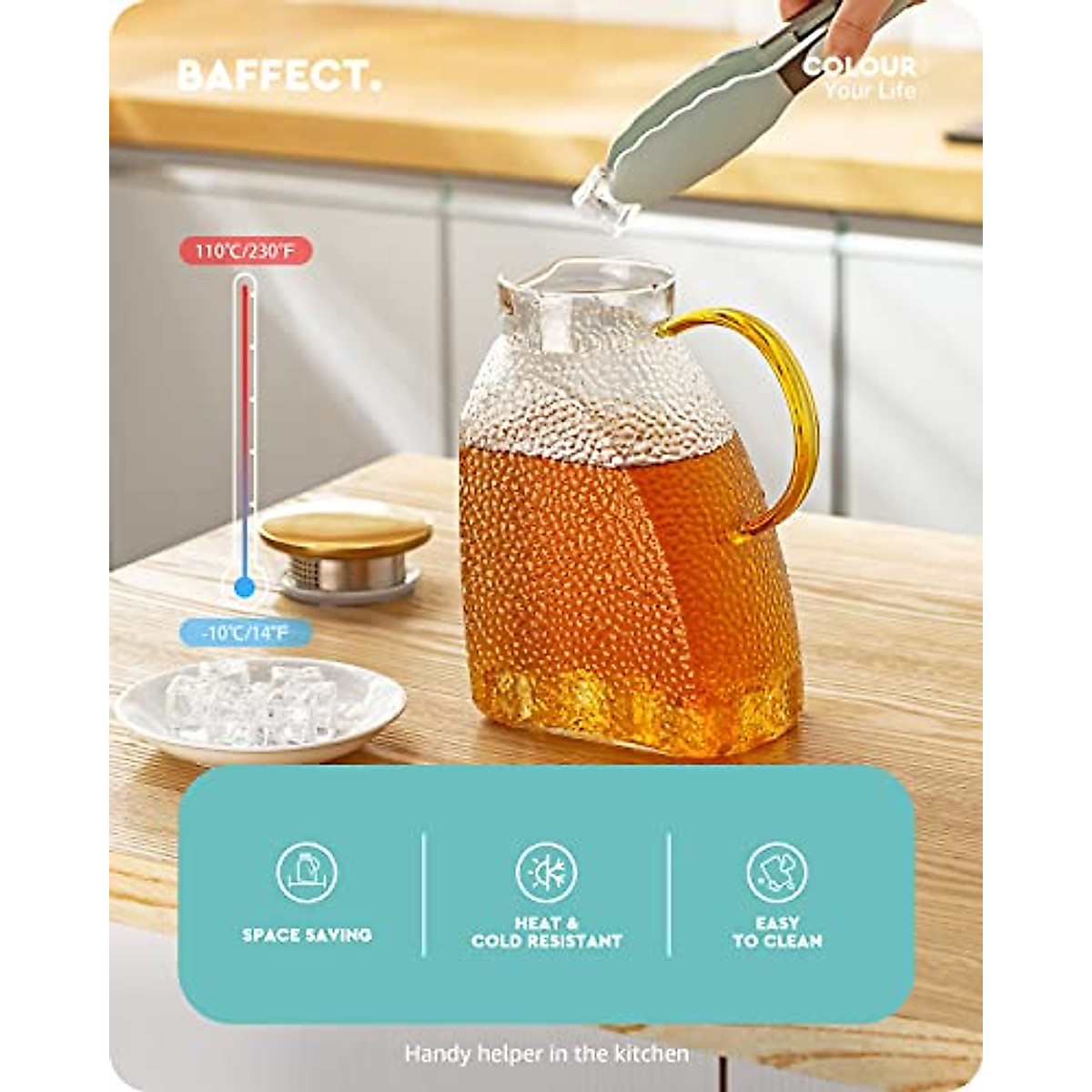 Baffect Water Pitcher, High Borosilicate Glass Jug with Stainless Steel Lid, Leakproof Fridge Door Carafe for Hot or Cold Beverage (1.8 L/63 oz.)