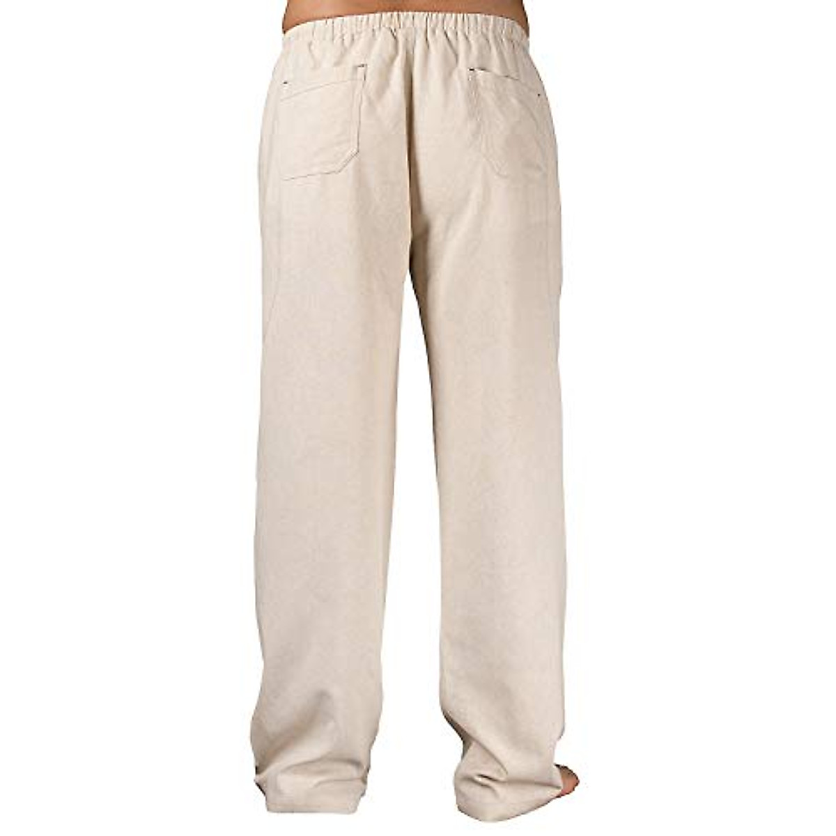 Lisskolo Men's Linen Pants Loose Lightweight Drawstring Elastic Waist Cotton Beach Trousers Khaki Medium
