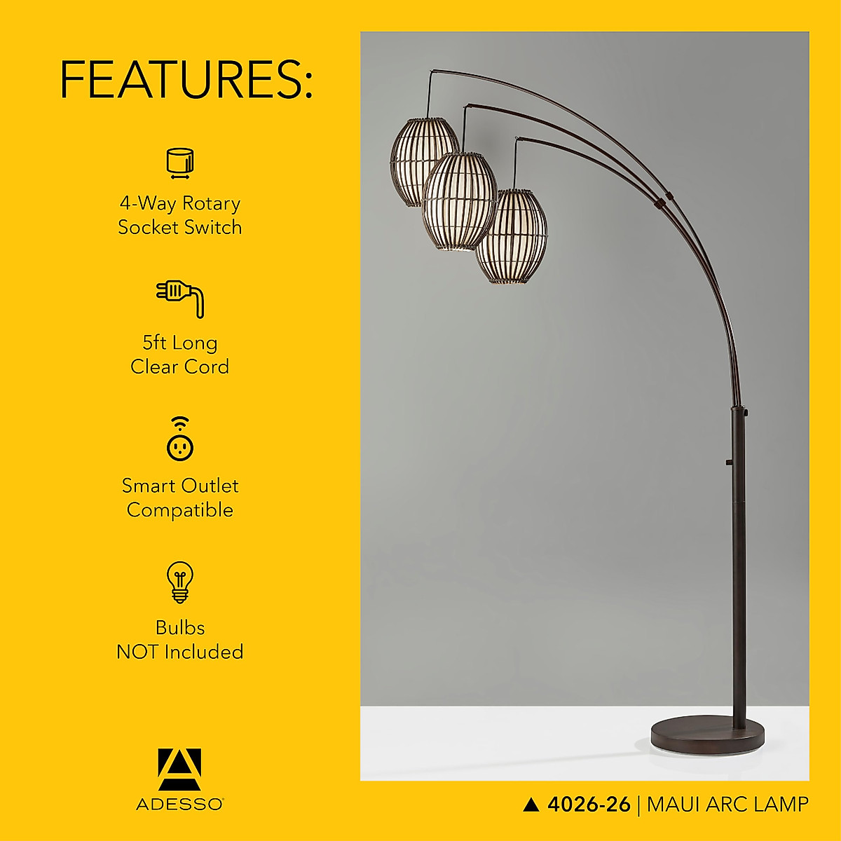 Adesso 4026-26 Maui Arc Lamp, 82 in, 3x60W Incandescent,13 CFL, Antique Bronze, 1 Floor Lamp