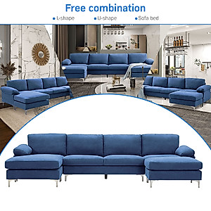 SUMKEA U-Shaped Sectional Sofa with Chaise, Larger Sectional Sofa Set for Living Room, Modern 128" Velvet Corner Sofa for Home and Office (Blue)