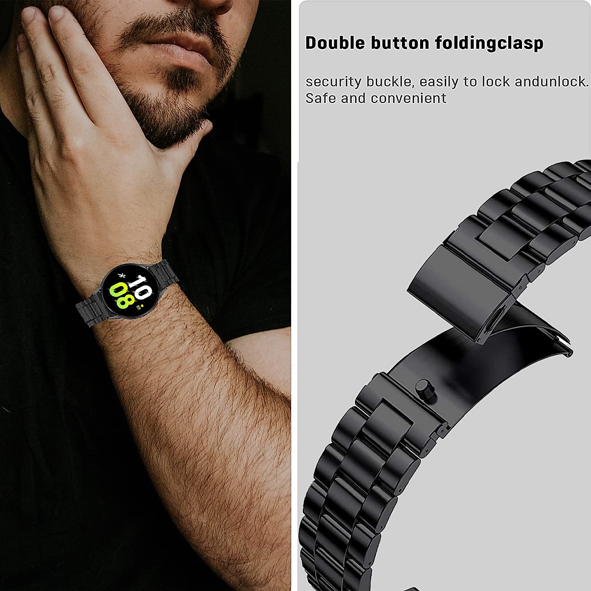 Olytop Galaxy Watch 4/6/7 Classic 47mm 46mm 43mm 42mm/5 Pro 45mm Bands, Samsung Galaxy Watch 7/FE/6/5/4 Bands 44mm 40mm, 20mm Metal Stainless Steel Replacement Wristband Strap for Men Women, Black