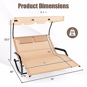 Tangkula 2 Person Lounge Chair with Adjustable Canopy, Outdoor Chaise Lounge with 2 Detachable Pillows and Wheels, Extra Large Double Patio Hammock Bed Swing for Backyard, Poolside
