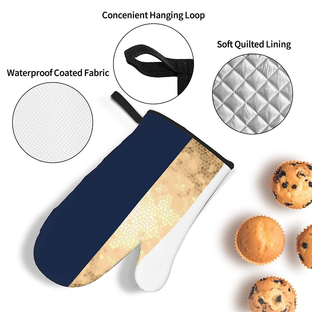 MUKJHOI Oven Mitts Pot Holders Set of 4 Heat Resistant Kitchen Waterproof Elegant Faux Gold Navy Blue White Stripes Women Men Home Cooking Baking Microwave BBQ Gift