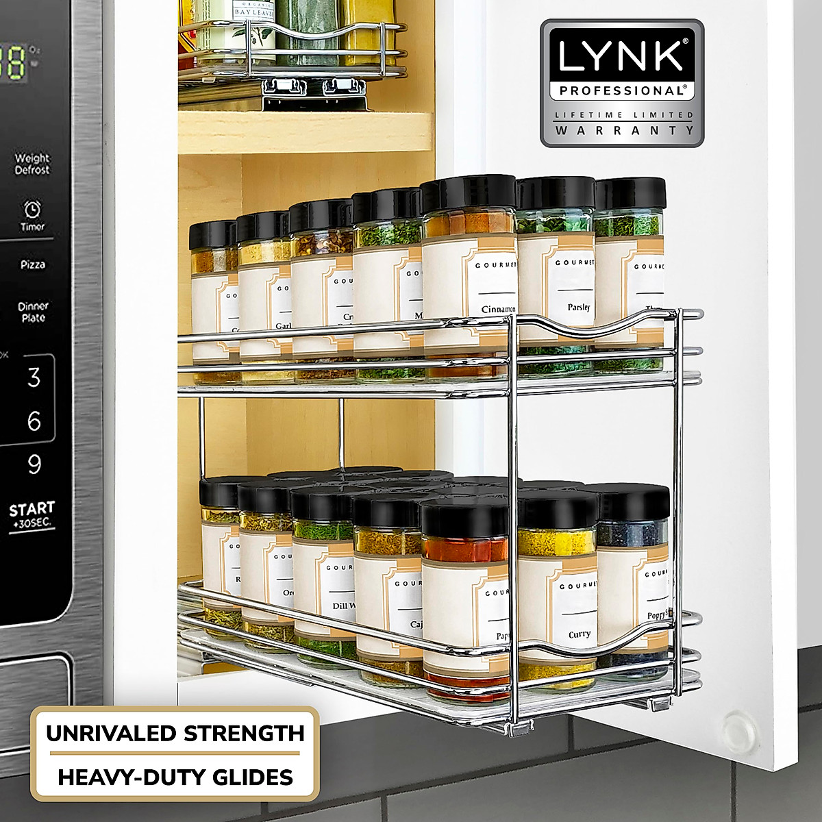 LYNK PROFESSIONAL® Pull Out Spice Rack Organizer for Inside Kitchen Cabinets - 6-1/4 inch Wide - Slide Out Drawer – Chrome Sliding Spice Cabinet Organization Shelf Racks - 2 Tier