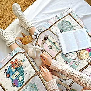 Happy Camper Decor Blanket Camping Bus Throw Blanket Soft Warm Camp Bedding for Adults Teens Couch Sofa 50" X 60" Yellow