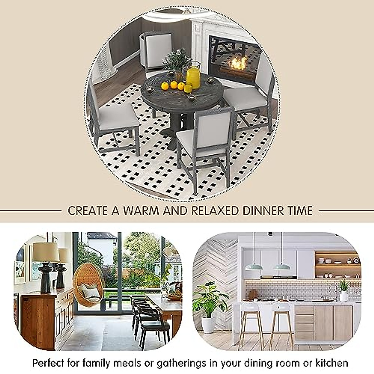 Round Dining Table & Chair Set, Extendable Leaf Wood Dining Table Round to Oval and 4 Upholstered Dining Chairs, 5-Piece Farmhouse Wooden Dining Set, Compact Table Set for Small Kitchen Room, Black