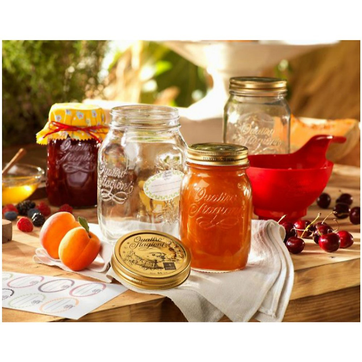 Bormioli Rocco Quattro Stagioni 18-Piece Canning Starter Set (4) 8.5 and (4) 17-Ounce Jars (8) Caps, Funnel, Recipe Book