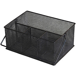 YBM HOME Mesh Basket Utensil Holder & Picnic Silverware Caddy Organizer with Four Compartments and Napkin Storage, Black