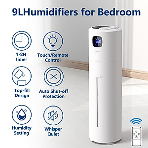 AKELISYE 9L/2.5Gal Large Humidifiers for Large Bed Room, Ultrasonic Cool Mist Top Fill Humidifier with 350ML/H Large Mist Speed, Remote, Quiet Tower Humidifier for Baby Home Plant Yoga Sleep Office