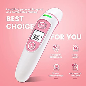 Forehead Thermometer for Adults and Kids, No-Touch Infrared Thermometer for Fever with LCD Display and Memory Function, Ideal for Family Use - Pink