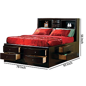 Benjara Wooden California King Size Bed with One Drawers and Two Open Shelves, Brown