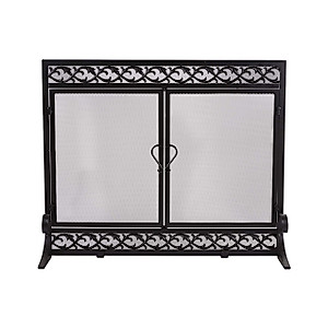 Plow & Hearth Metal Fireplace Screen Scrollwork Black | 38" W x 31½"H | 2 Door | Spark Guard Grate | Fire Place Cover | Wood Burning Stove Accessories