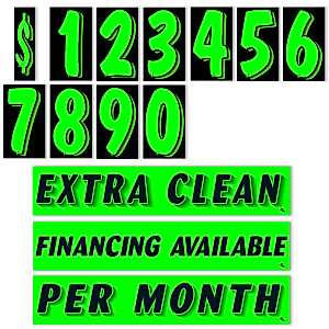 VERSA-TAGS 7.5" Black/Green Vinyl Number Decals 11 Dozen Set Windshield Pricing & 1 Pack of Each of Extra Clean, Financing Available, Per Month 14.5" x 2.75" Sticker Windshield Decal Auto Dealership