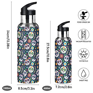 Sugar Skulls Water Bottle with Straw Lid Double Wall Daisy Thermos Bottle Vacuum Insulated Flask Stainless Steel Water Bottle for Gym Outdoor 20 OZ