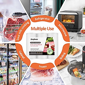 Anybear Vacuum Sealer Bags Rolls, 3 Pack 8''x16' Commercial Food Storage Bags for Custom Fit with BPA Free and Heavy Duty, Use for Storing Raw and Cooked Foods Meal Prep or Sous Vide