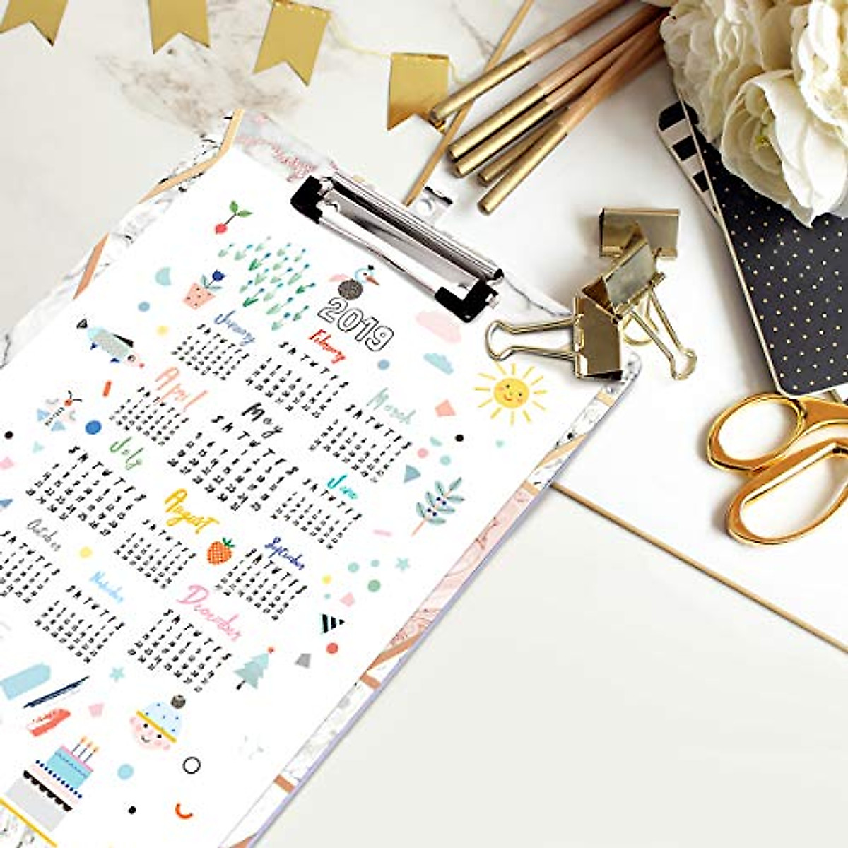 WAVEYU Marble Clipboard Decorative for Office, Cute Clipboard Hardboard with Low Profile Clip Designed for Middle High School College Student Girl Women Adult Teen Gift, Pink+Gold (12.5"x8.5")