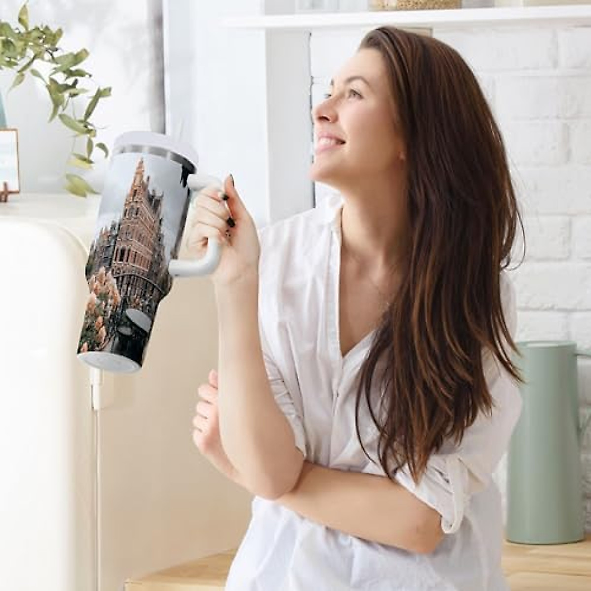 ODAWA Amsterdam Roses Street Insulated Coffee Tumbler with Lid and Straw Thermal Cups for Hot and Cold Drinks 40 Oz Stainless Steel Coffee Mug