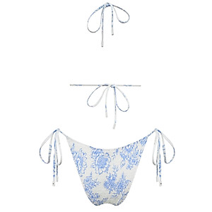 VOLAFA Women's Triangle Bikini Set String Swimsuit Print Tie Smocked Ruched Two Piece Bathing Suit (Small, Light Blue)