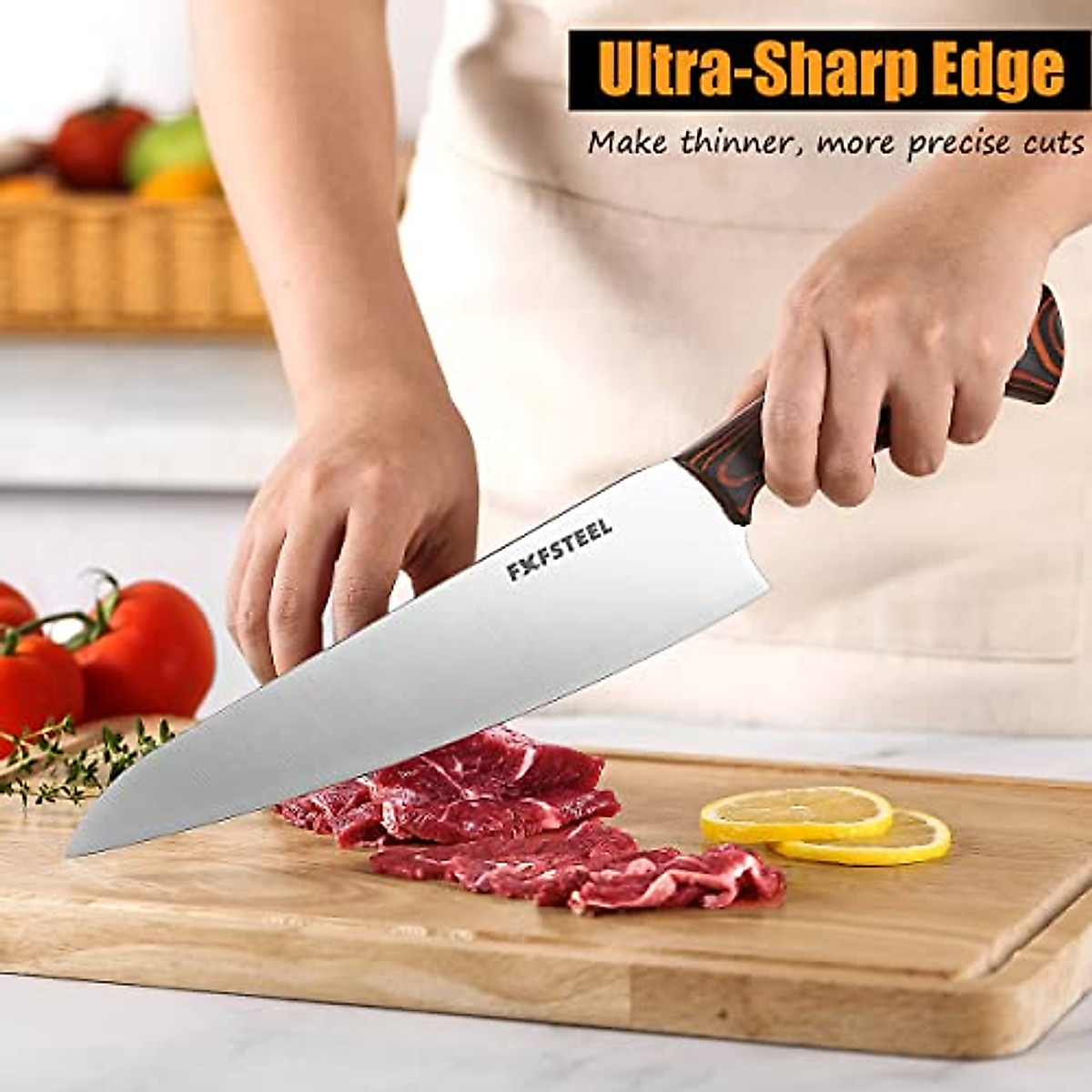 FXFSTEEL Chef Knife, 9 inch Kitchen Knife Stainless Steel with Red Solid Wood Handle Professional Sharp Cleaver Knife for Cutting Vegetable Meat Cooking Knife Accessories