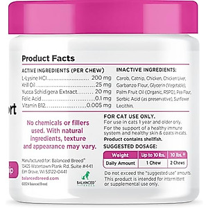 Balanced Breed L-Lysine Cats Immune Support Soft Chews Made in USA Non-GMO Vet-Pharmacist Approved Krill Oil Omega 3 Cat Vitamins Indoor Cats Supplements Asthma Relief Cat Lysine Allergy Relief 60 ct.