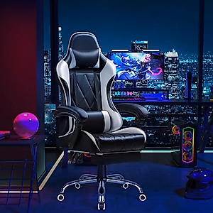 Shahoo Gaming Chair with Footrest and Massage Lumbar Support, Ergonomic Computer Seat Height Adjustable with 360°Swivel and Headrest, White