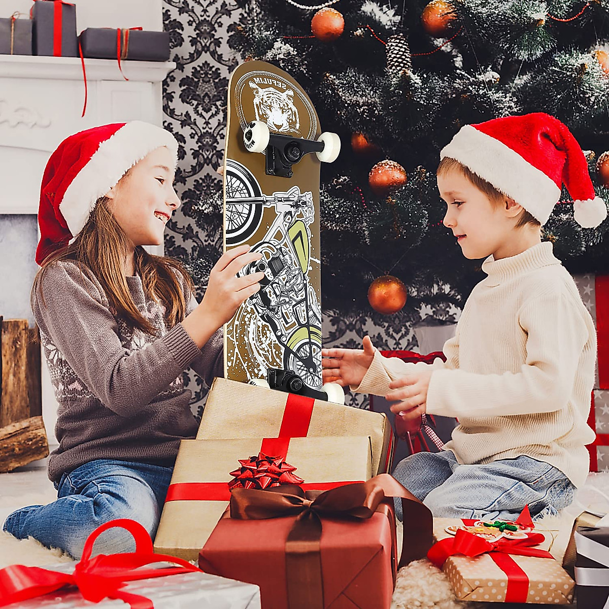 Sefulim Skateboards, 31 x 8 inch Complete Skateboard for Beginners, 8 Layer Canadian Maple Double Kick Deck Concave Cruiser Trick, Light Up Wheel Skateboard for Kids Teens & Adults (Motorcycle)