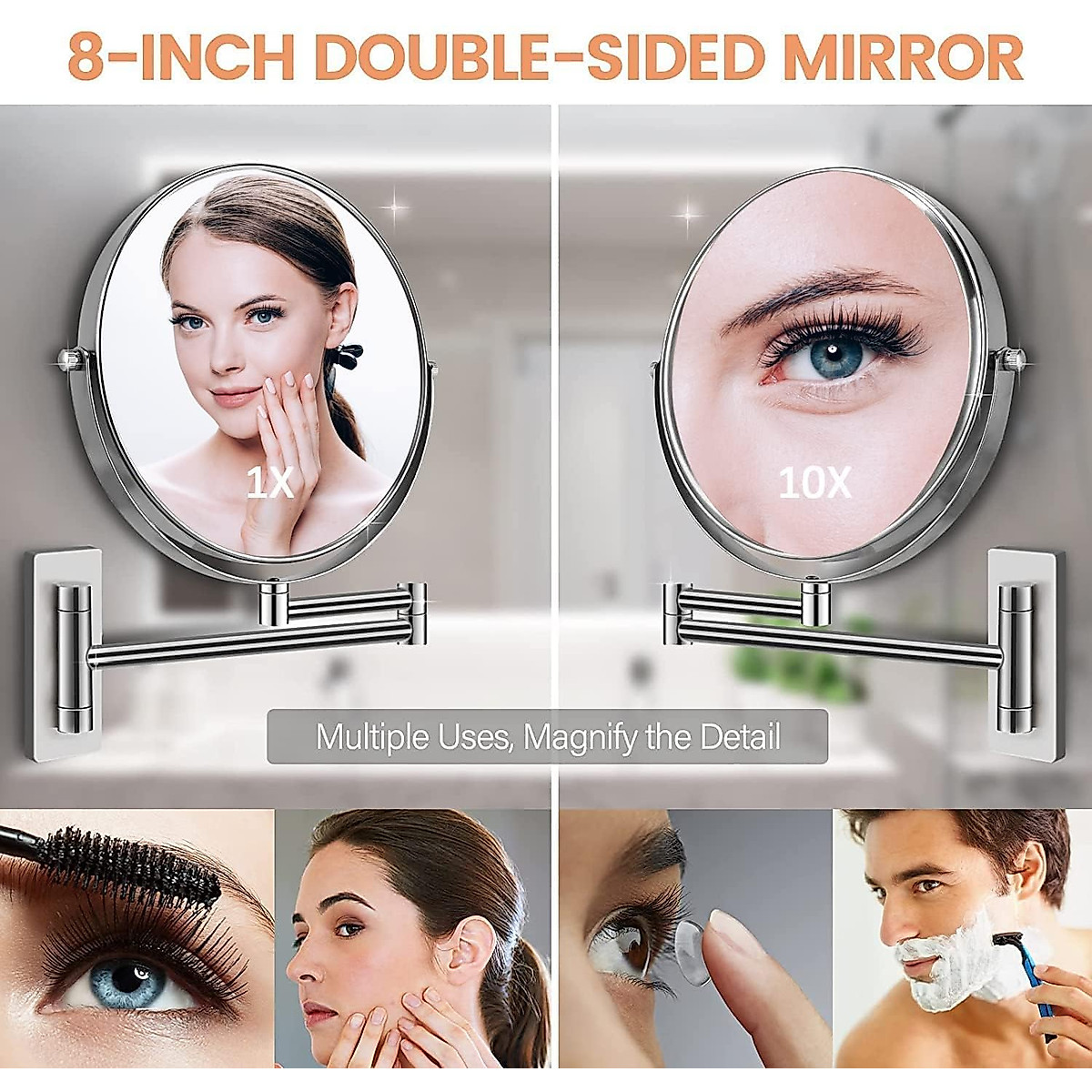MIRRORMORE 8” Large Wall Mounted Makeup Mirror, Two-Sided 1X/10X Magnifying Mirror Extendable Long Arm, 360°Swivel Flexible HD Shower Mirror Fogless for Shaving, Fully Senior Nickel Bathroom Mirror