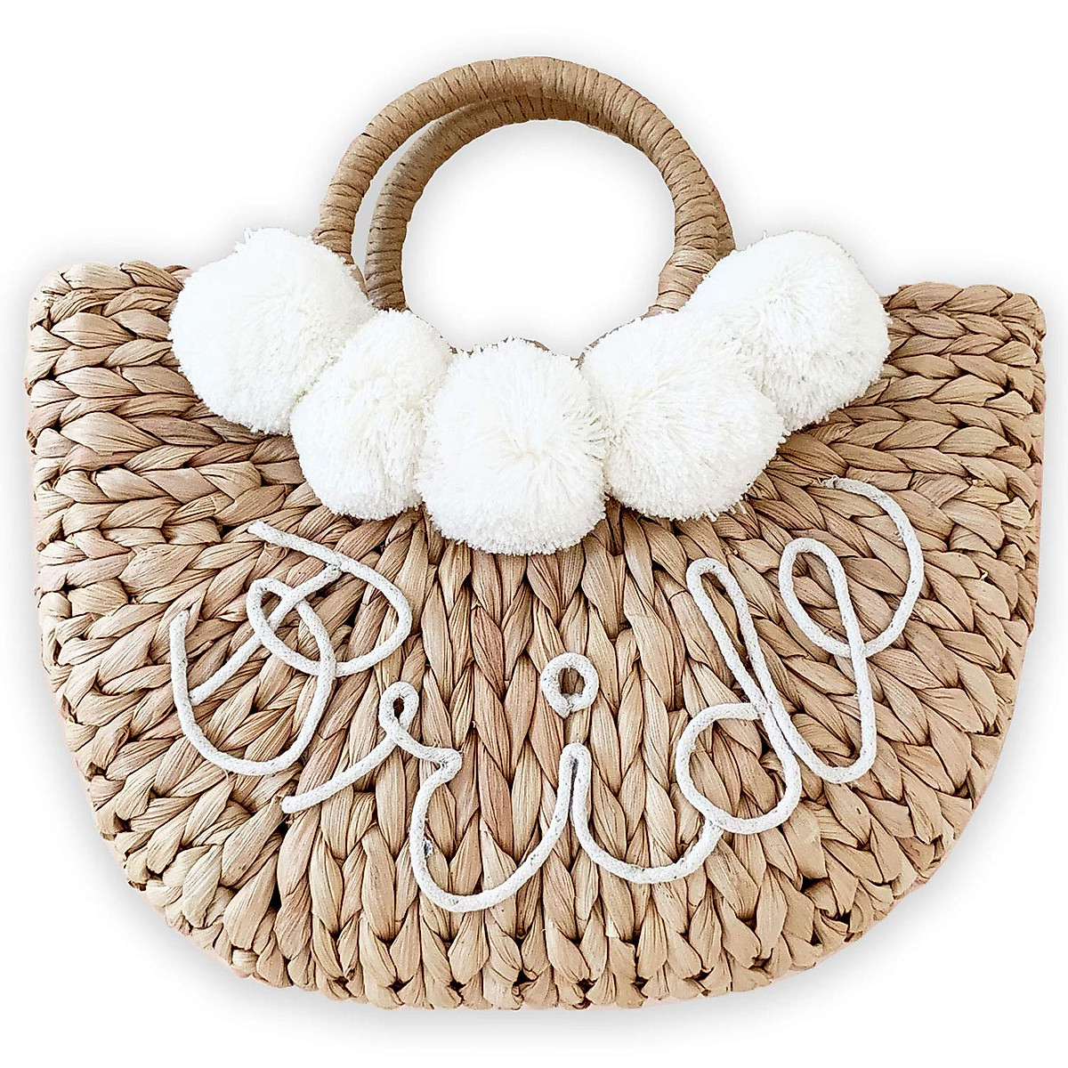 ModParty Bride Straw Purse | Honeymoon Bridal Shower Gift for Bride to Be | Handmade Summer Beach Tote Bag | Bride Bachelorette Party Outfit Essential | Straw Purse & Pom Poms