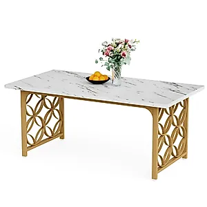 Tribesigns Dining Table, 63-inch Modern Marble Dining Room Table for 6 People, Rectangular Kitchen Table with Gold Metal Frame for Kitchen, Dining Room (White and Gold)