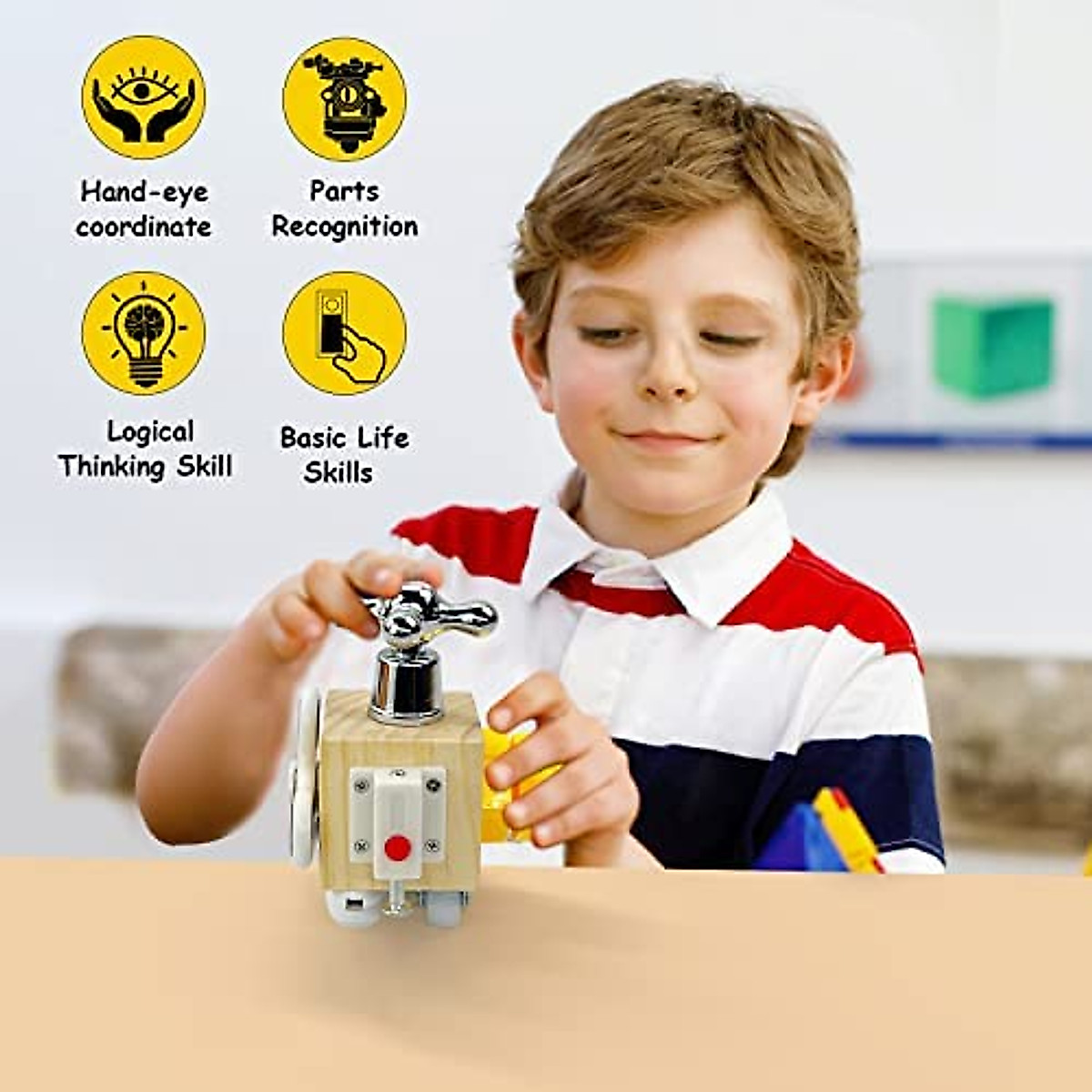 Celarlo Fidget Busy Cube for Kids, Sensory Busy Board Travel Toy for Toddlers, Wooden Montessori Educational Learning Toys Gift for Children Kids