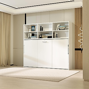 HusicLife Twin Size Horizontal Murphy Bed with Shelf Storage, Hidden Bed Gas Struts, Foldable Wall Bed for Small Spaces Apartments Studio Guest Room, White