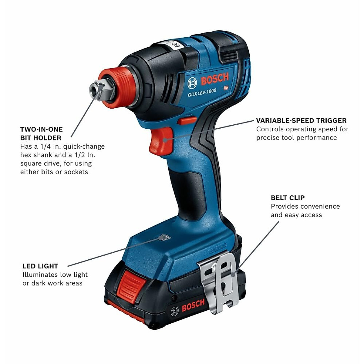 BOSCH GXL18V-497B23 18V 4-Tool Combo Kit with 2-In-1 1/4 In. and 1/2 In. Bit/Socket Impact Driver, 1/2 In. Hammer Drill/Driver, Circular Saw, Worklight with (1) CORE18V 4 Ah Battery & (1) 2 Ah Battery