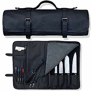 Marion - LE MINUIT - Genuine Calf Top Grain Black Leather - Handcrafted Professional Chef's Knife Storage Roll Bag - 8 Pockets - Adjustable Shoulder Strap - Zippered Interior and Exterior Pocket
