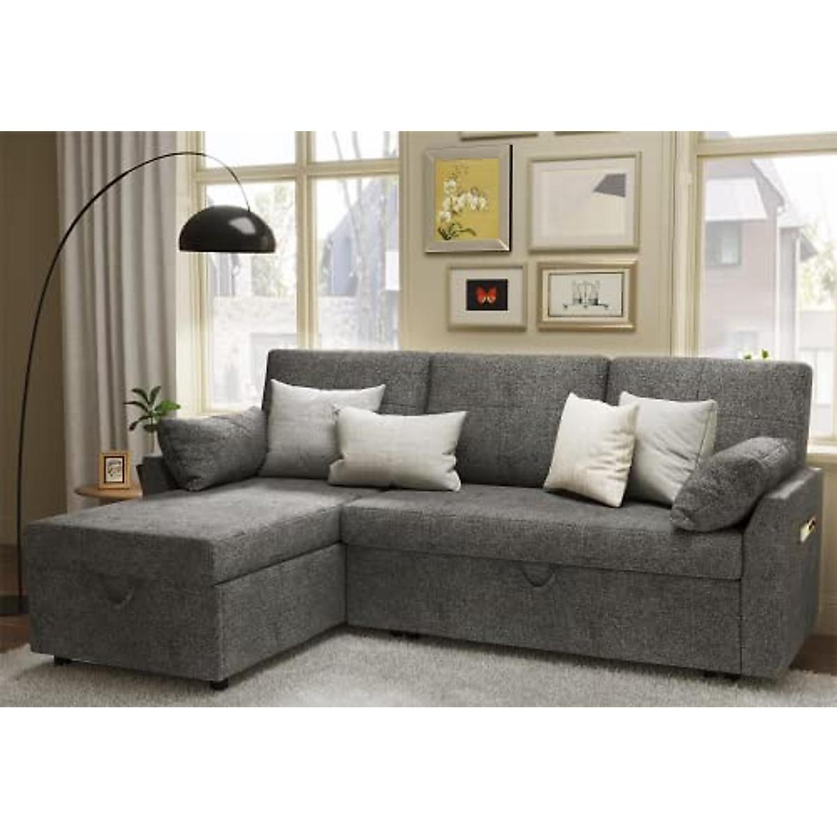 PaPaJet Sleeper Sofa Couch A, 2 in 1 Sofa Bed with Storage Chaise-Pull Out Couch Bed for Living Room, Sleeper Couch with Pull Out Bed Gray