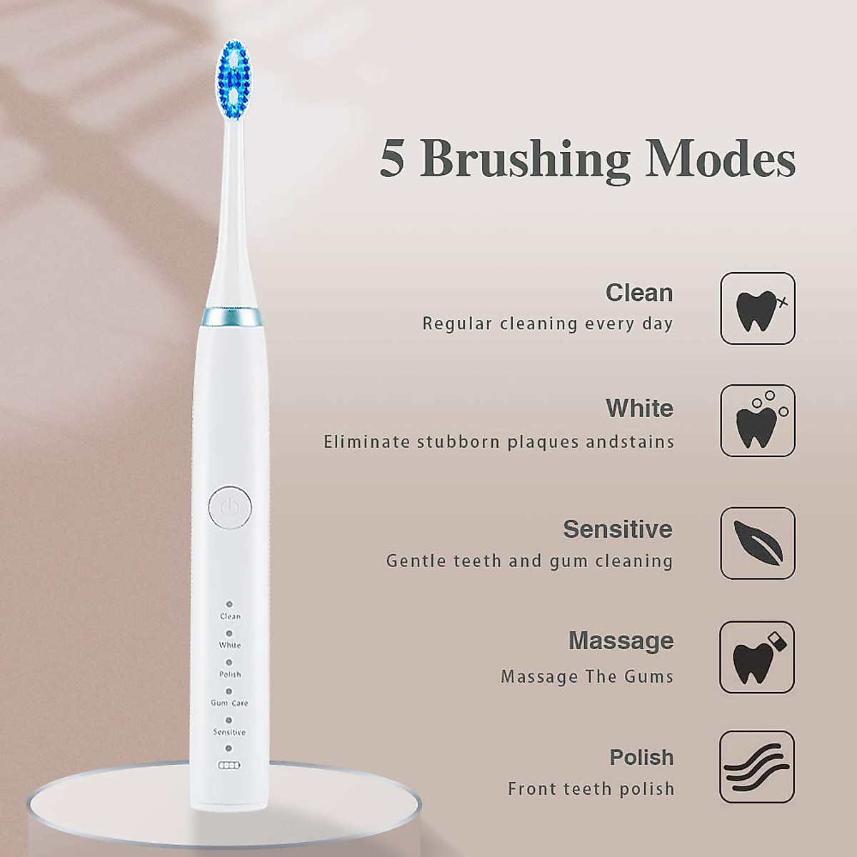 Sonic Electric Toothbrush Rechargeable for Adults, 2 Dupont Brush Heads & Travel Case Toothbrush Box, USB Charging Last 30 Days 5 Modes 3 Intensities Smart Timer (239 White)